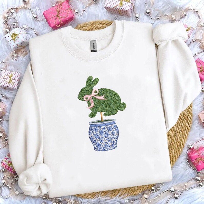 Easter Topiary Embroidery Design, Easter Bunny Rabbit Bow Boxwood Tree ...