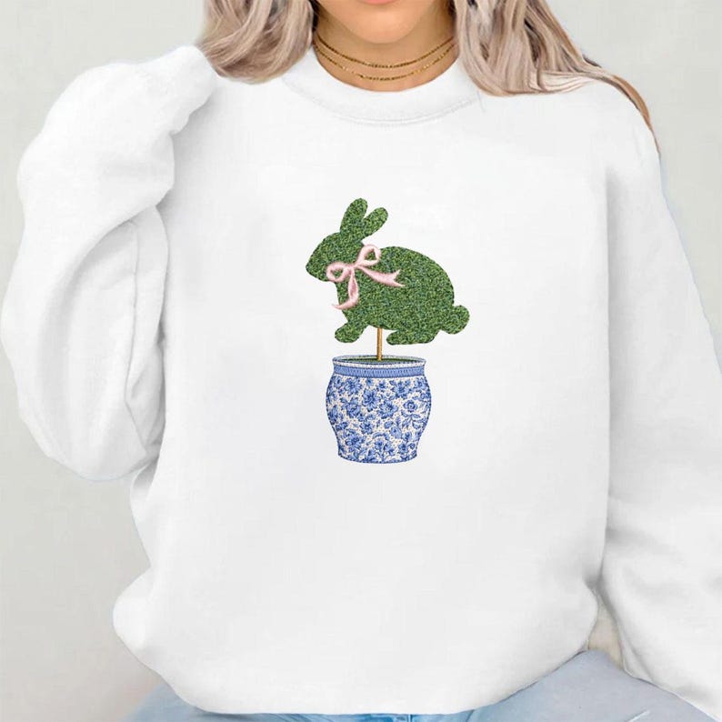 Easter Topiary Embroidery Design, Easter Bunny Rabbit Bow Boxwood Tree ...