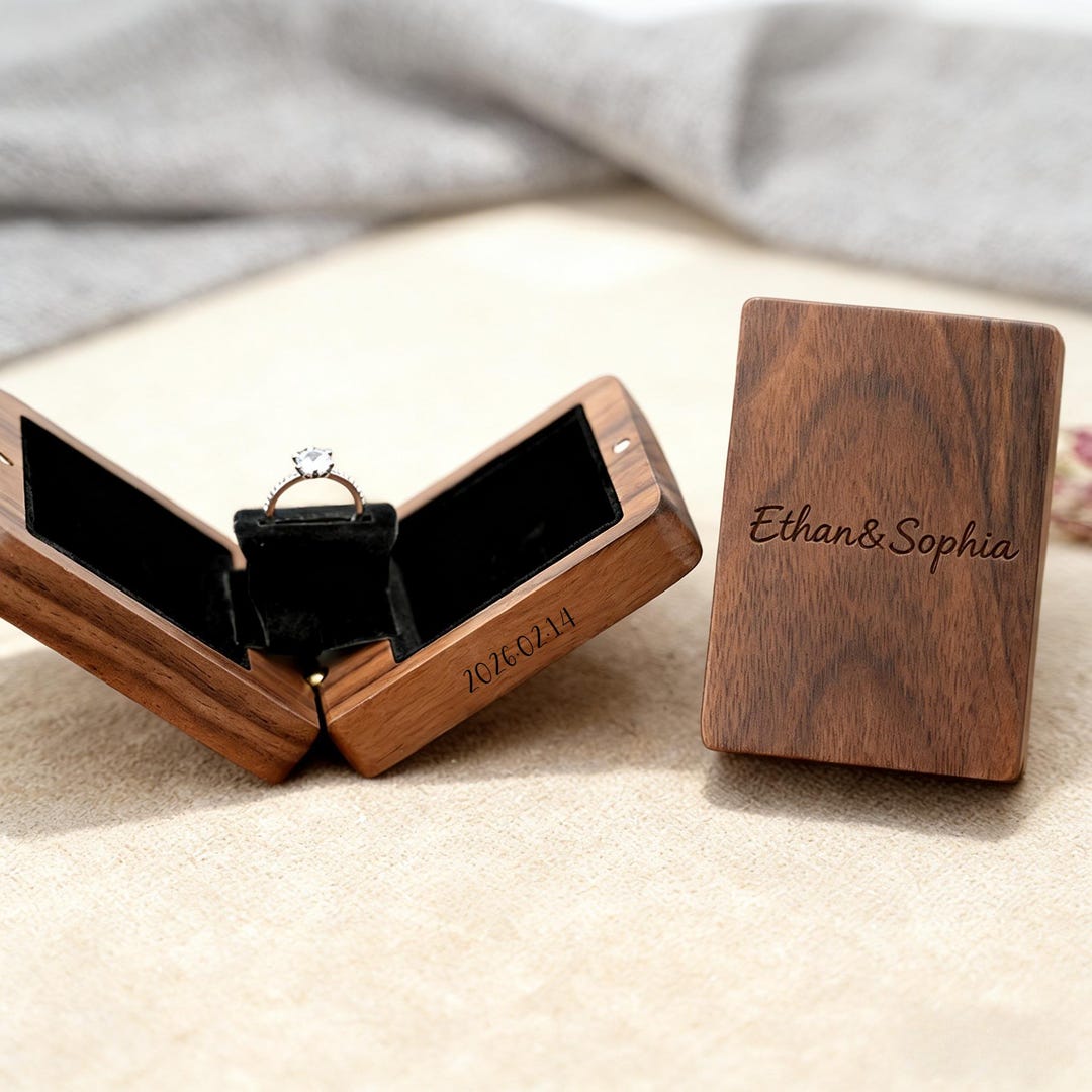 Personalized Engagement Ring Box, Rustic Walnut Engraved Wood Ring Box ...