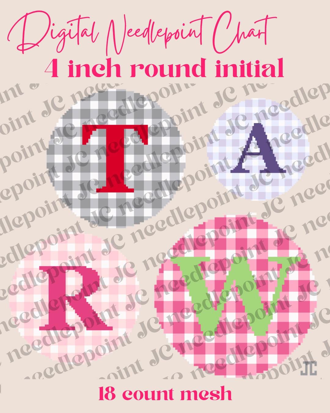 Beginner Friendly Needlepoint Charts - Gingham Initial Round Digital ...