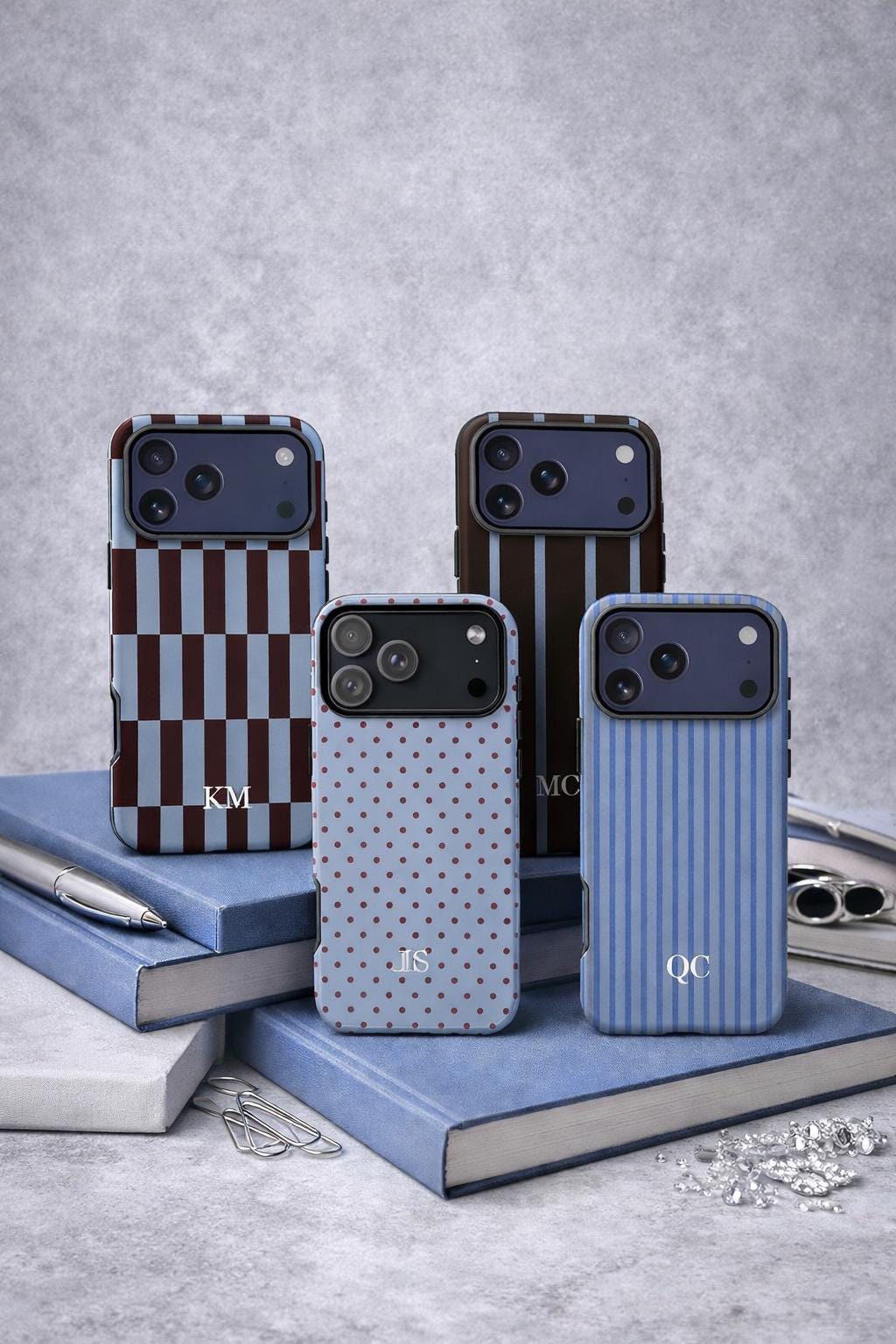Personalized Preppy Phone Case Set, Custom Initials Burgundy and Blue ...