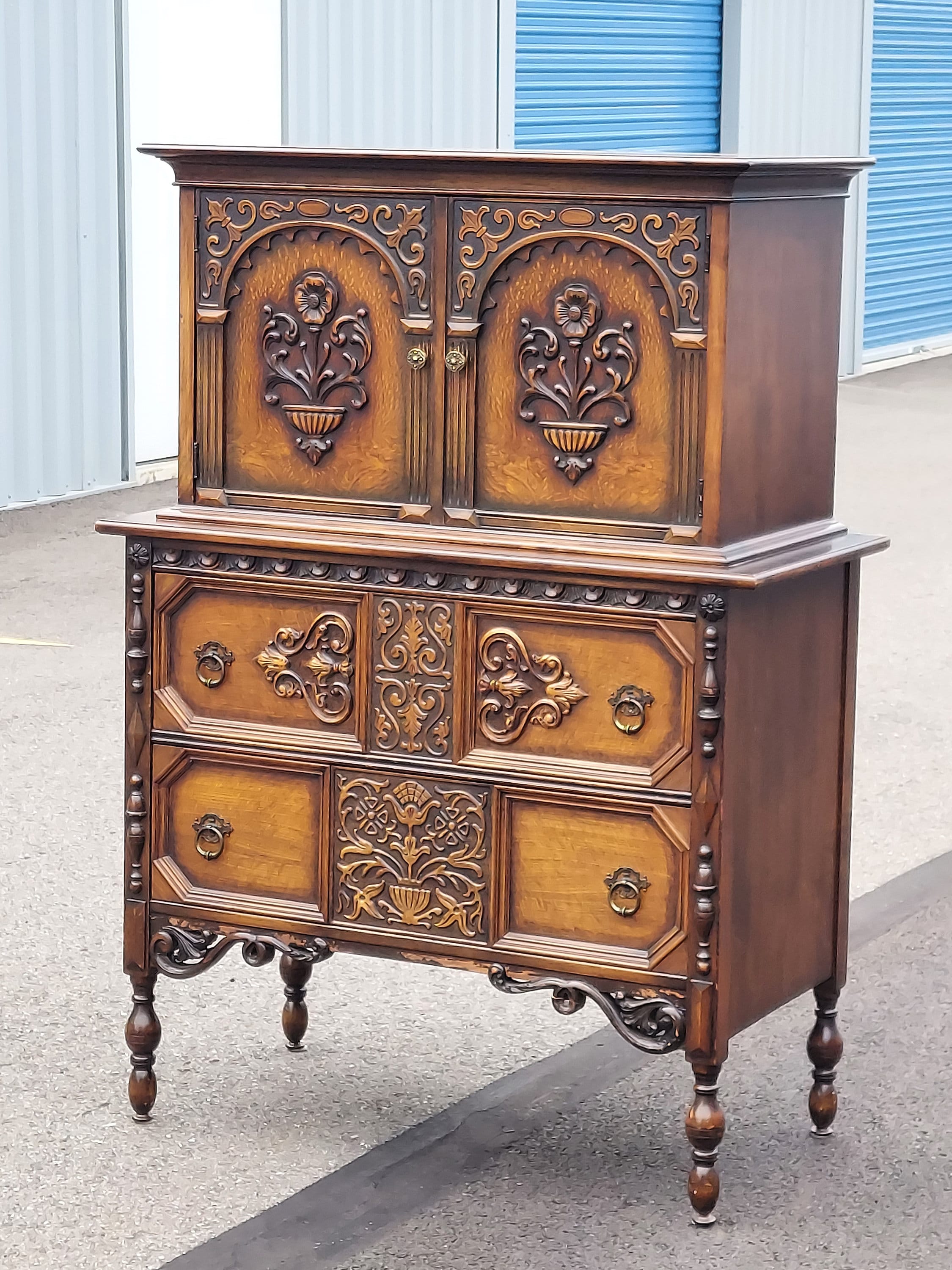 English Tudor Jacobean Chest on Chest Dresser 1920s - Etsy