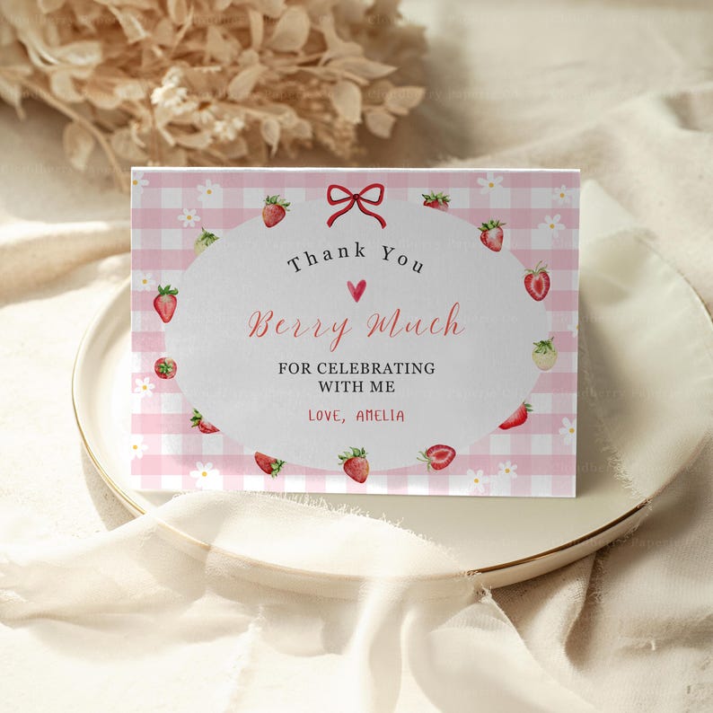 Strawberry Thank You Card | Pink Gingham Editable Template (digital ...