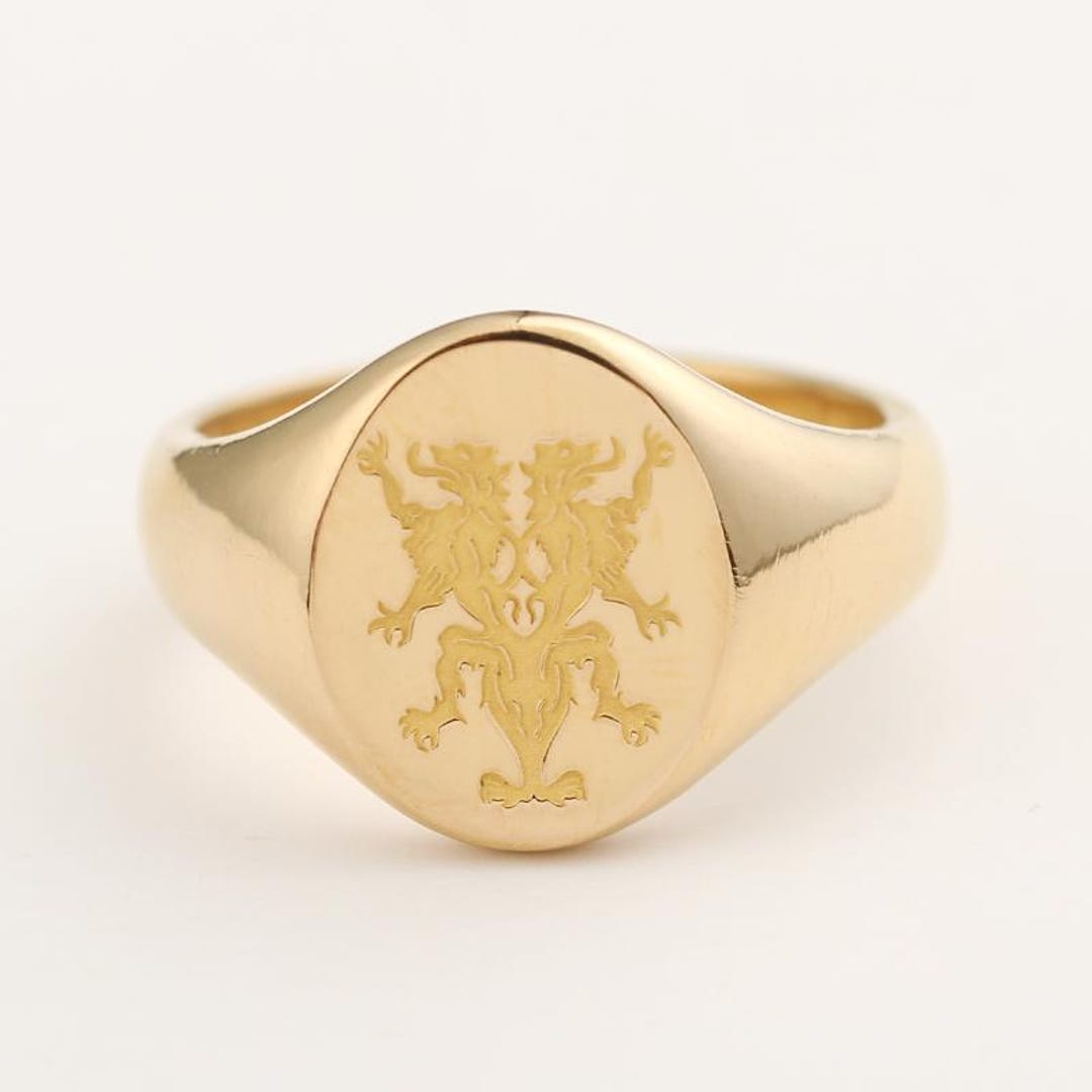 14K Gold Double Lion Signet Ring, Custom Coat of Arms - Etsy
