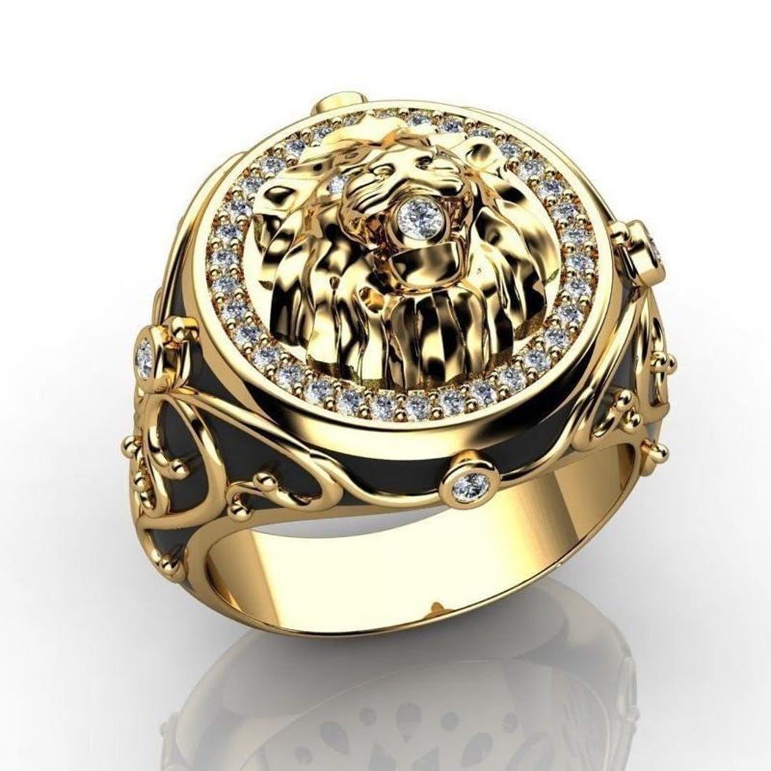Full Pavé Diamond Lion Ring for Men, Punk Wedding Band, 18K Yellow Gold ...