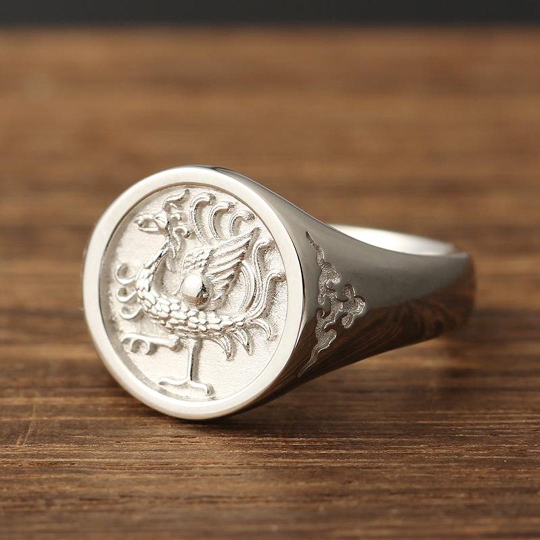 Custom 18K Gold Vermilion Bird Phoenix Signet Ring, Chinese Mythical ...