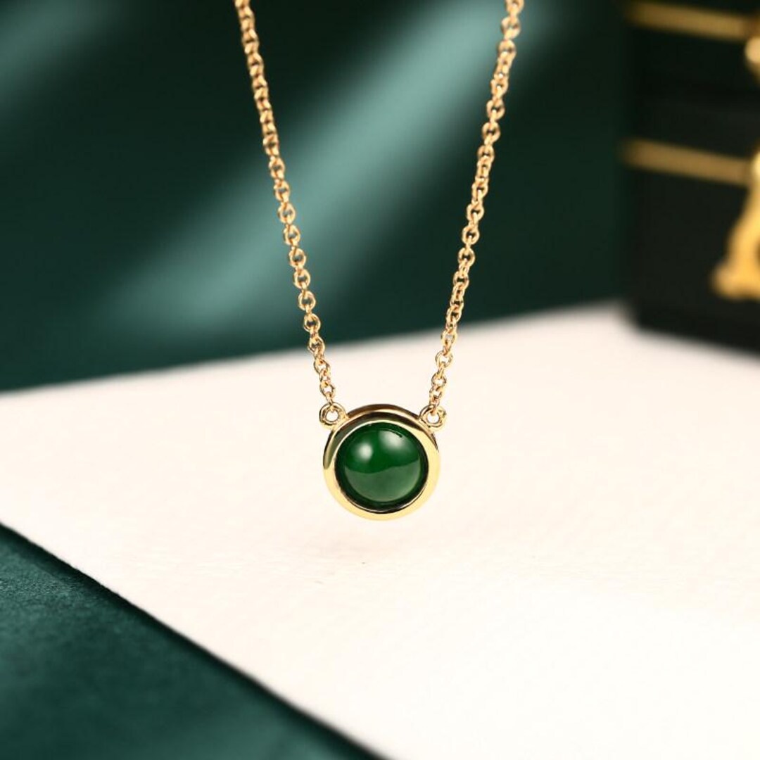 18K Gold Natural Jade Bib Necklace, Minimalist Round Gemstone Chain for ...