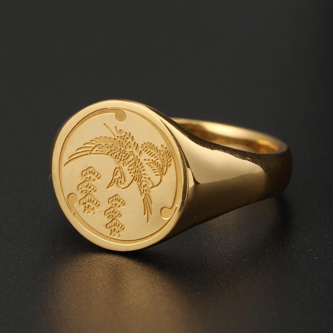 Custom 14K Gold Crane and Cloud Signet Ring, Symbol of Longevity and ...