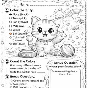 Educational Song + Coloring Worksheet (learn Colors With Kitty) - Etsy