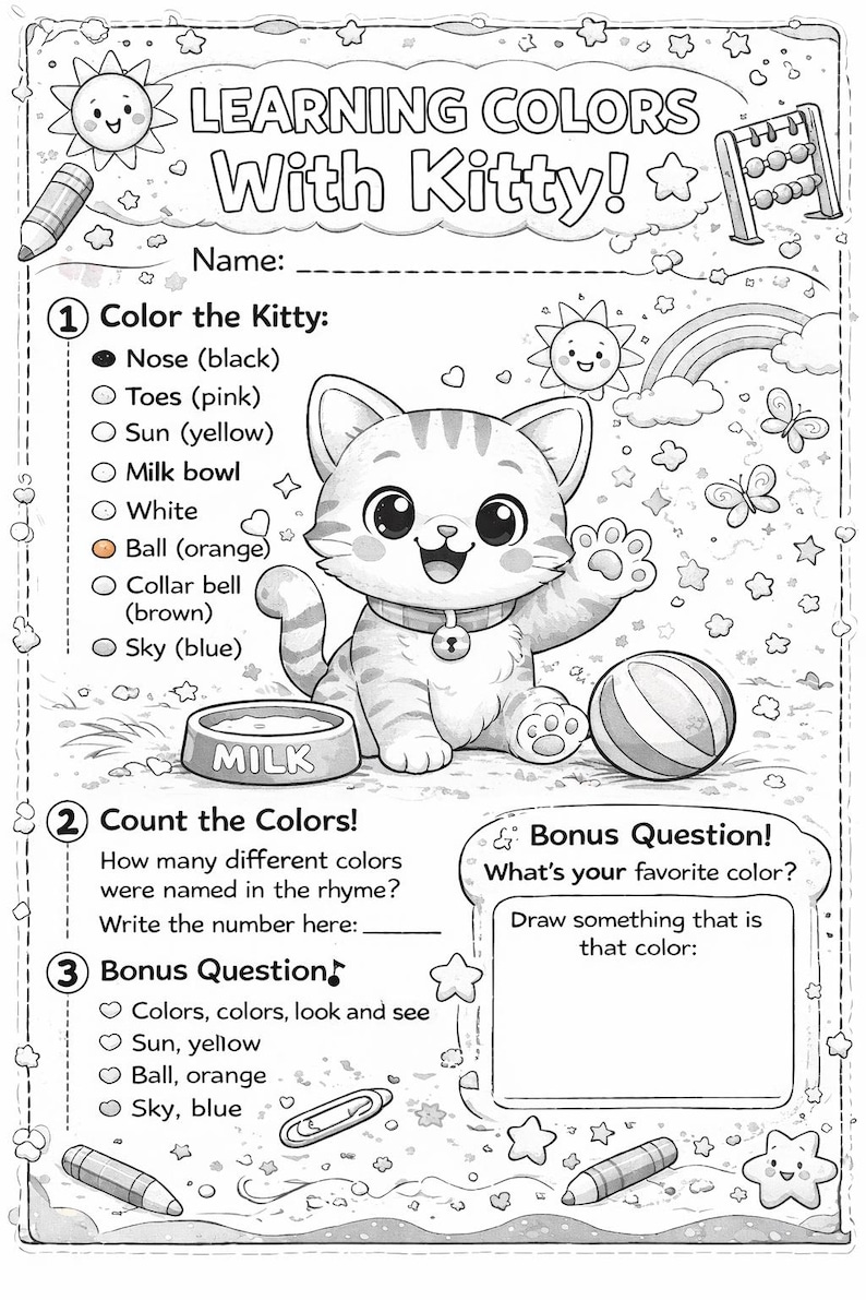 Educational Song + Coloring Worksheet (learn Colors With Kitty) - Etsy