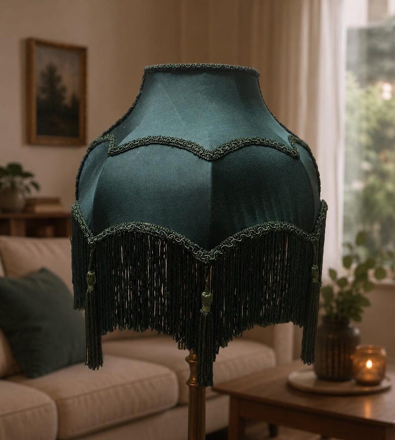 Dark Emerald Green Victorian Lampshade – Fringe Trimmed Luxury Lamp ...
