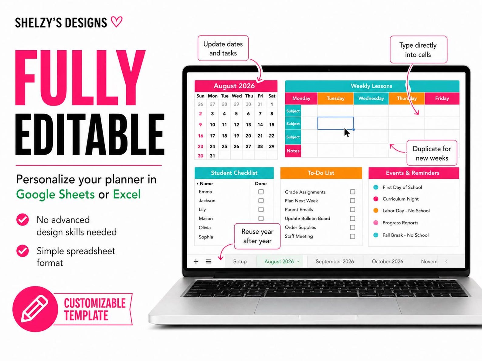 Digital Teacher Planner 2026-2027 | Google Sheets Lesson Planner ...