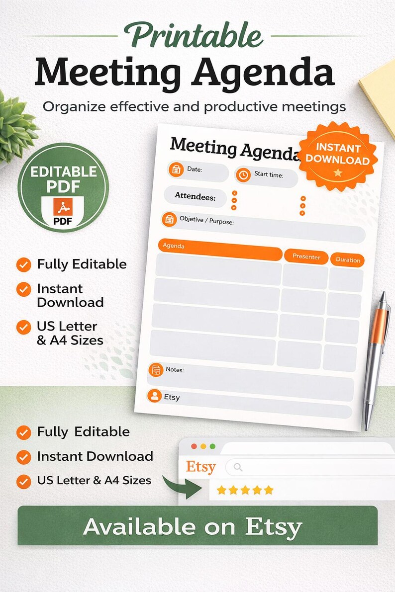 Fillable Meeting Agenda Template | Professional Meeting Planner ...