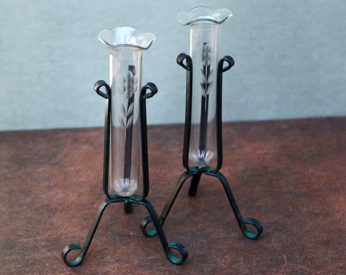 Vintage Etched Floral Glass Propagation Tubes With Verdigris Metal ...