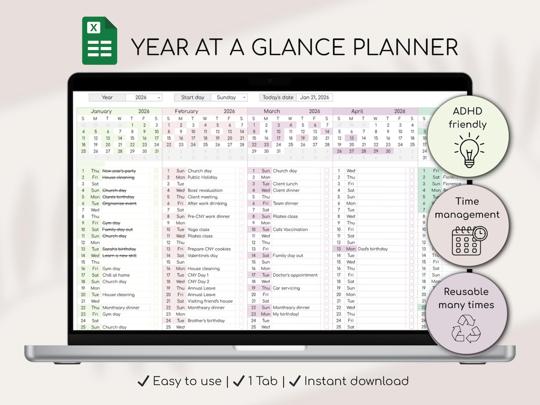 Year at a Glance Planner Spreadsheet Yearly Overview Google Sheets ...