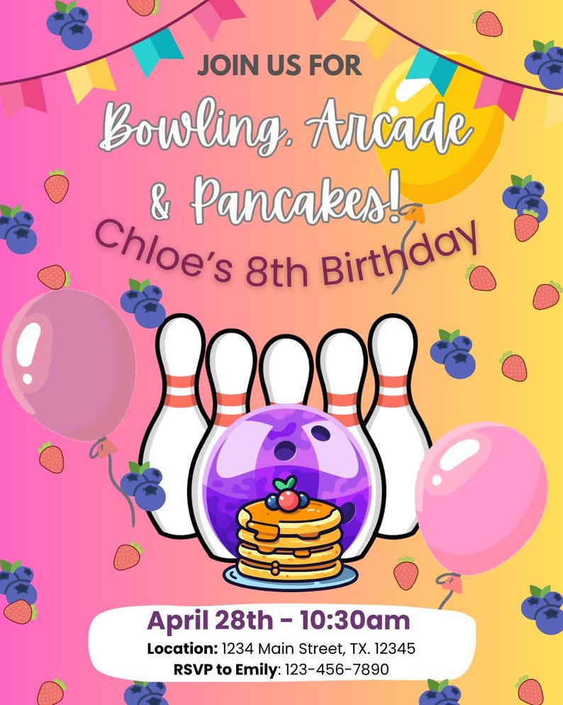 Editable Bowling, Arcade & Pancakes Birthday Invitation - Etsy
