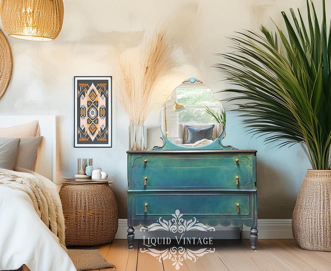 Hand Painted Bohemian Antique Dresser With Mirror | Eclectic Chest of ...
