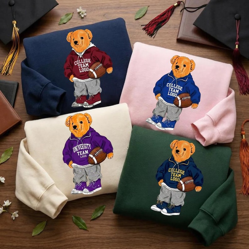 Custom College Fooball Teddy Bear Graphic Sweatshirt. Personalized ...