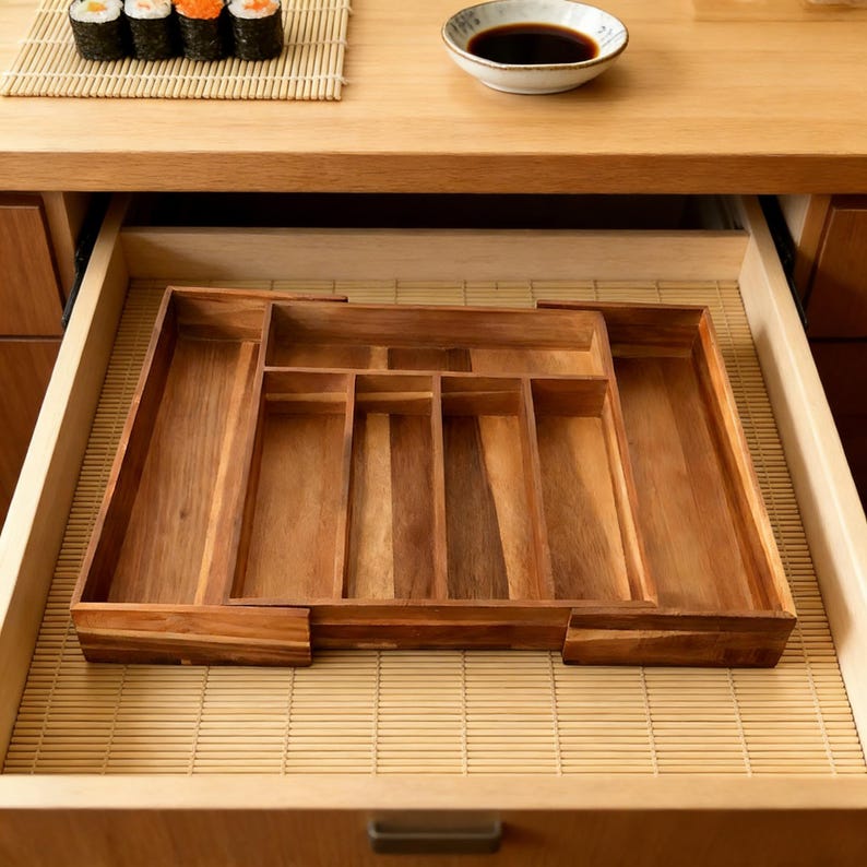 Adjustable Bamboo Silverware Organizer, Expandable Kitchen Drawer Tray ...