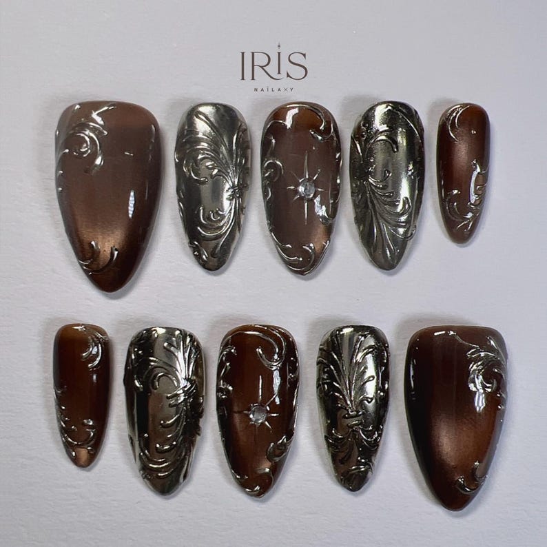 Gothic Brown Cat-eye Press on Nails | Champagne Gold Chrome Nail Set ...