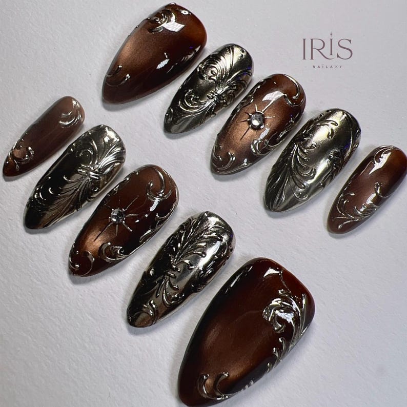 Gothic Brown Cat-eye Press on Nails | Champagne Gold Chrome Nail Set ...