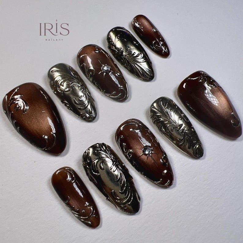 Gothic Brown Cat-eye Press on Nails | Champagne Gold Chrome Nail Set ...