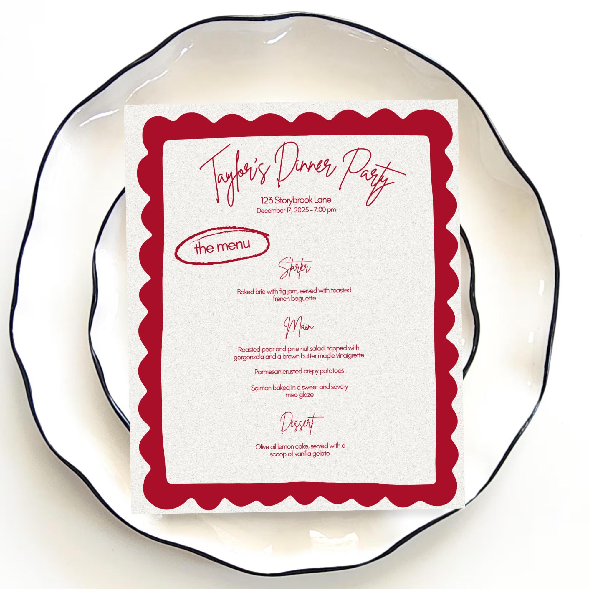 Editable Dinner Party Menu Template | Canva Menu | Printable Dinner ...