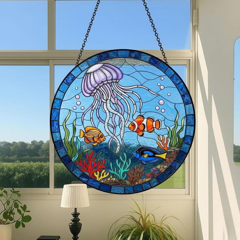 Jellyfish Aquarium Stained Glass Suncatcher, Ocean Window Hanging ...