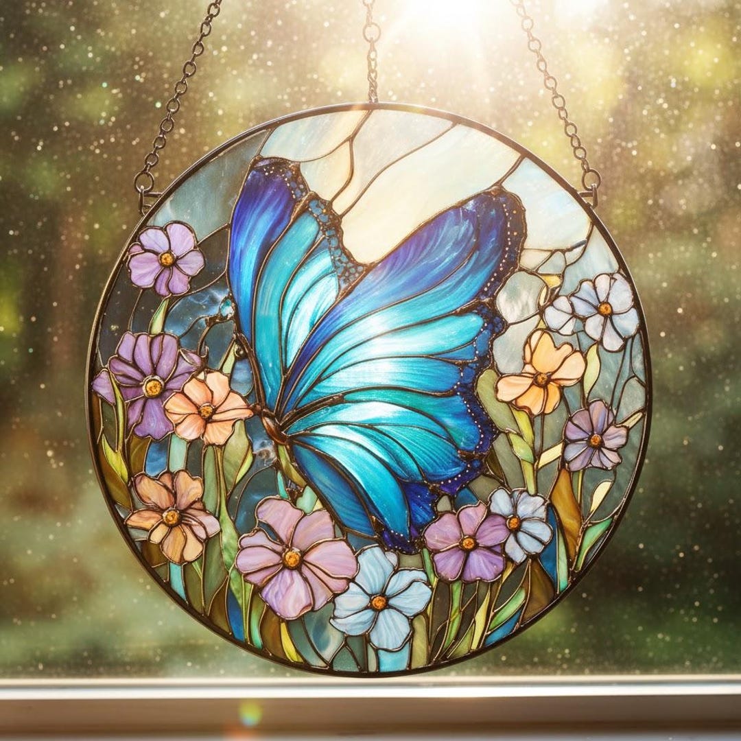 Blue Butterfly Stained Glass Suncatcher, Floral Window Hanging Decor ...