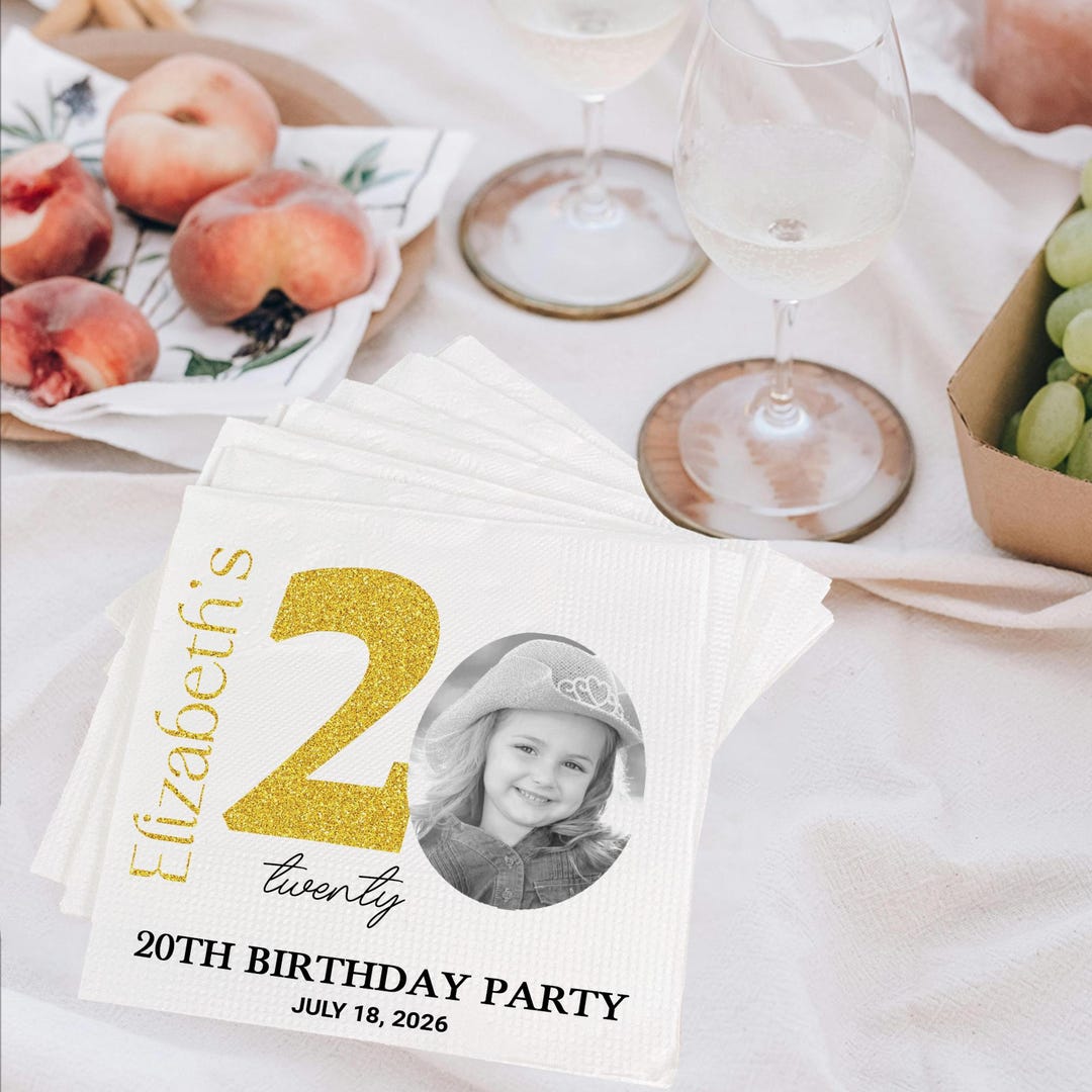 Custom Photo Birthday Napkins, 20th Birthday Party Napkins, 20th ...