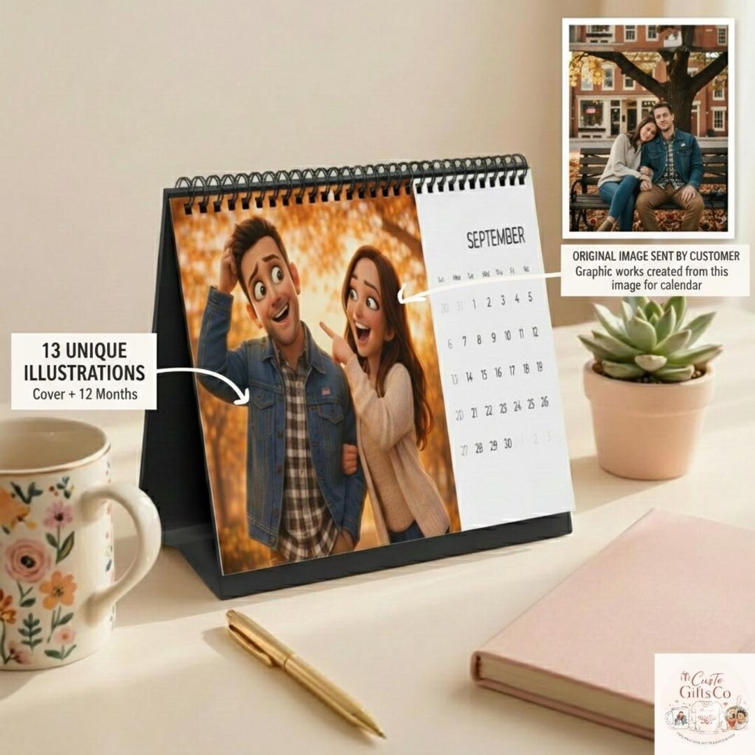 Personalized Couple Desk Calendar 2026, Custom Pixar Style Cartoon ...