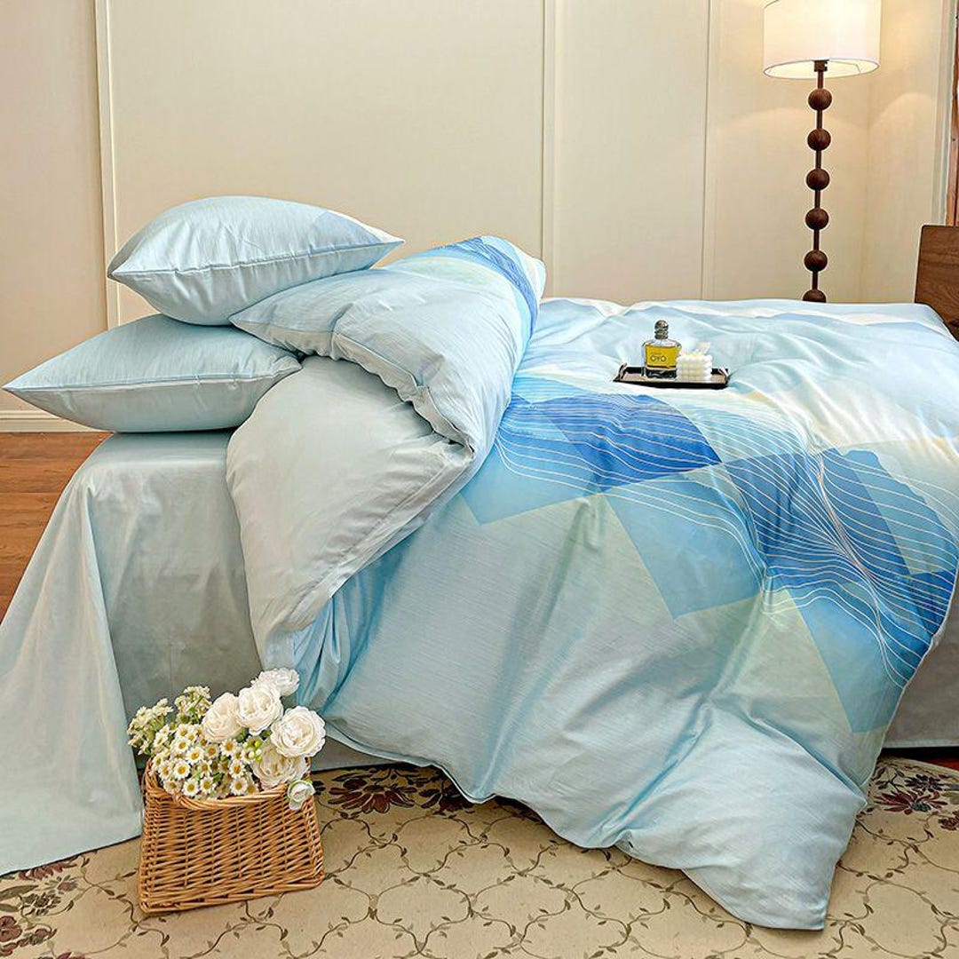 Light Blue Duvet Cover Set With Geometric Pattern for Bedroom - Etsy