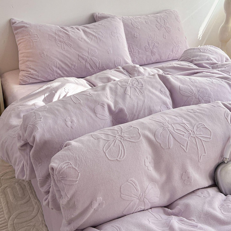Lilac Comforter Set With Embossed Bow Pattern for Bedroom Decor - Etsy