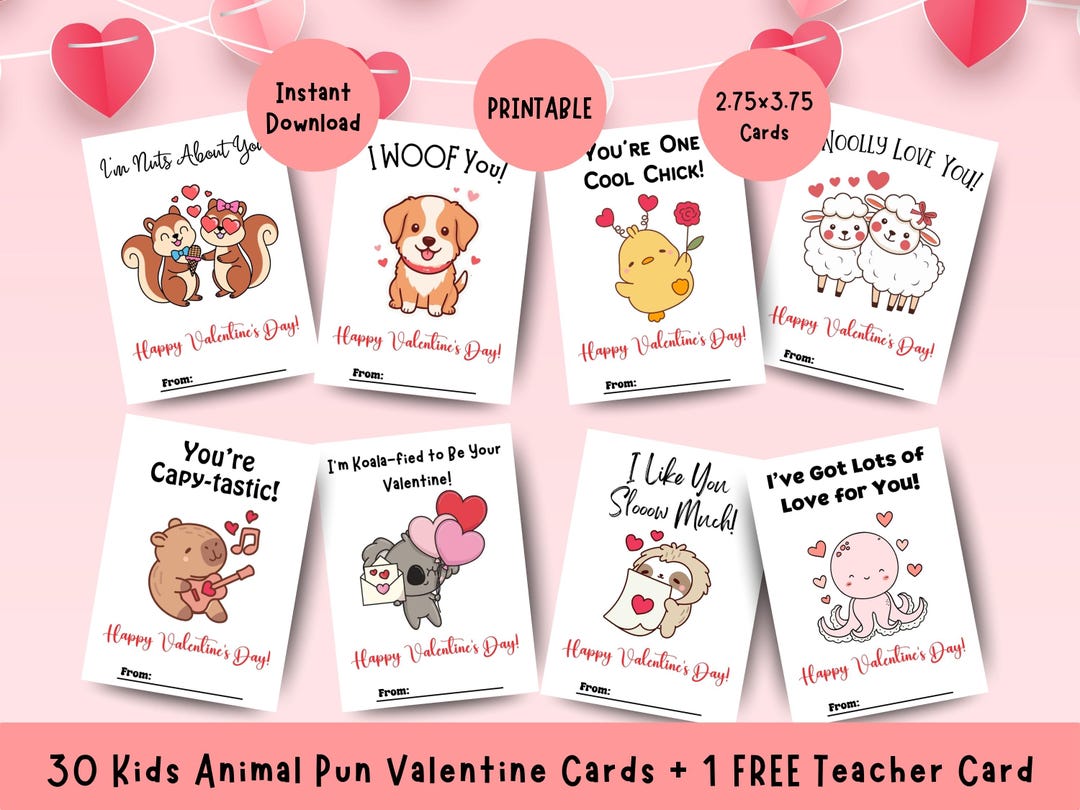 Animal Pun Valentine Cards for Kids, Printable Classroom Valentines ...