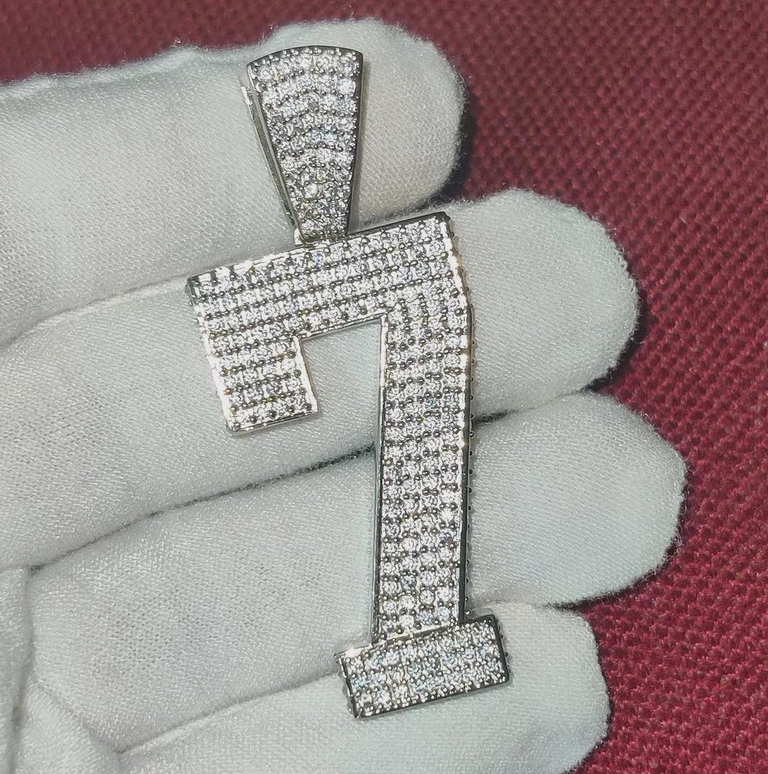 Moissanite Number 7 Pendant 14K White Gold Plated Iced Out Diamond Look ...