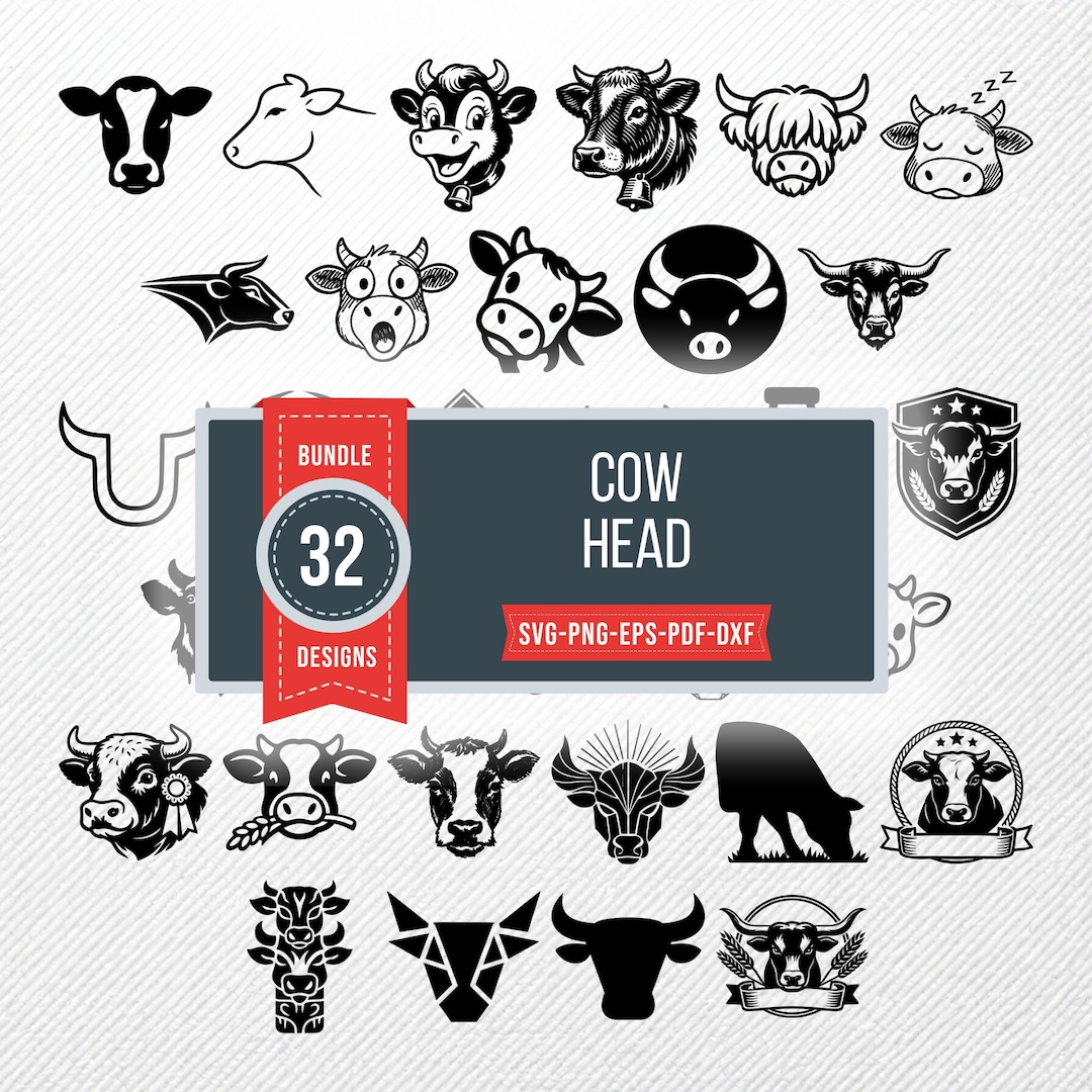 Cow Head SVG Bundle 32 Clipart | PNG PDF Eps Dxf | Farm Vector ...
