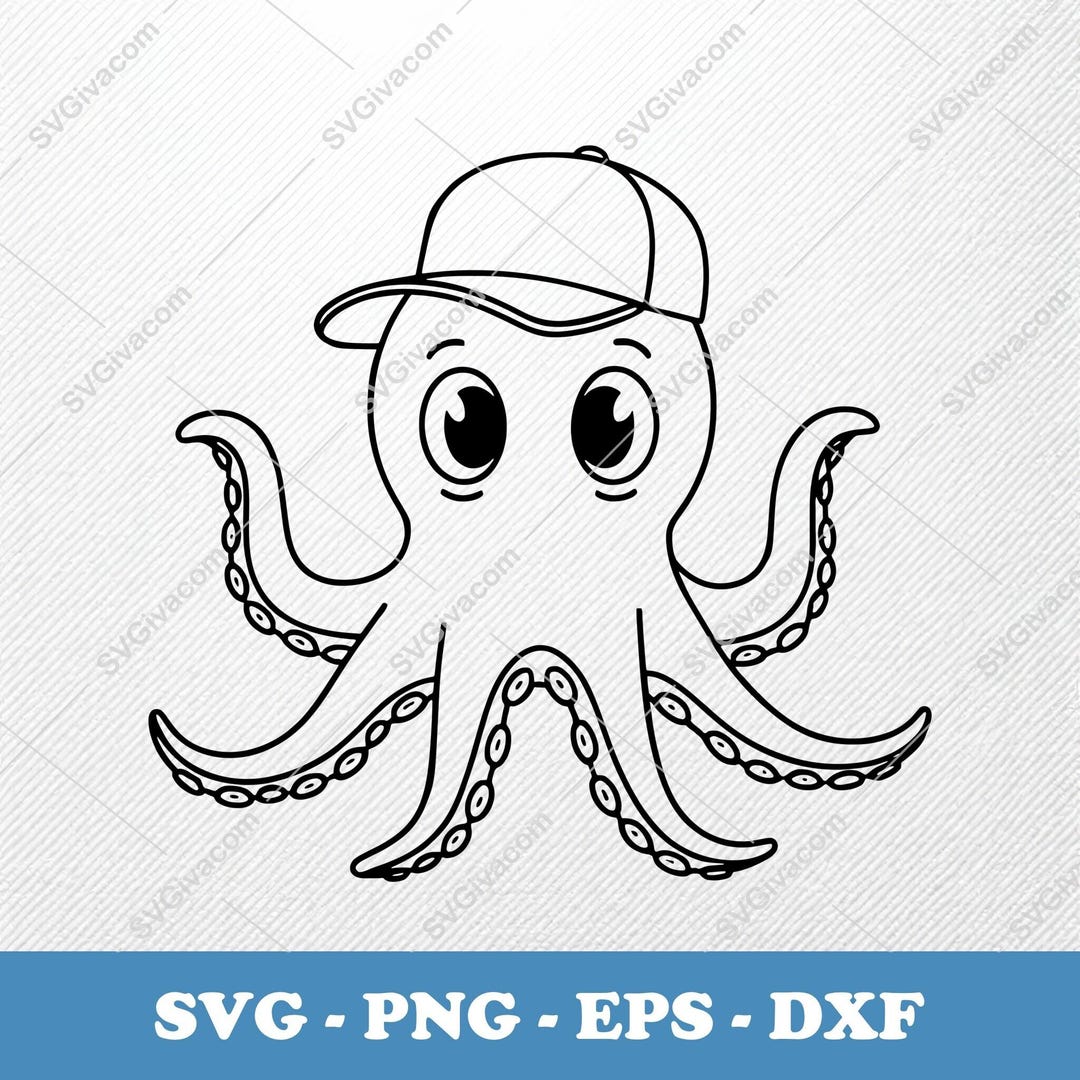 Octopus With Cap SVG | Cute Ocean Animal Vector Clipart PNG EPS Dxf ...