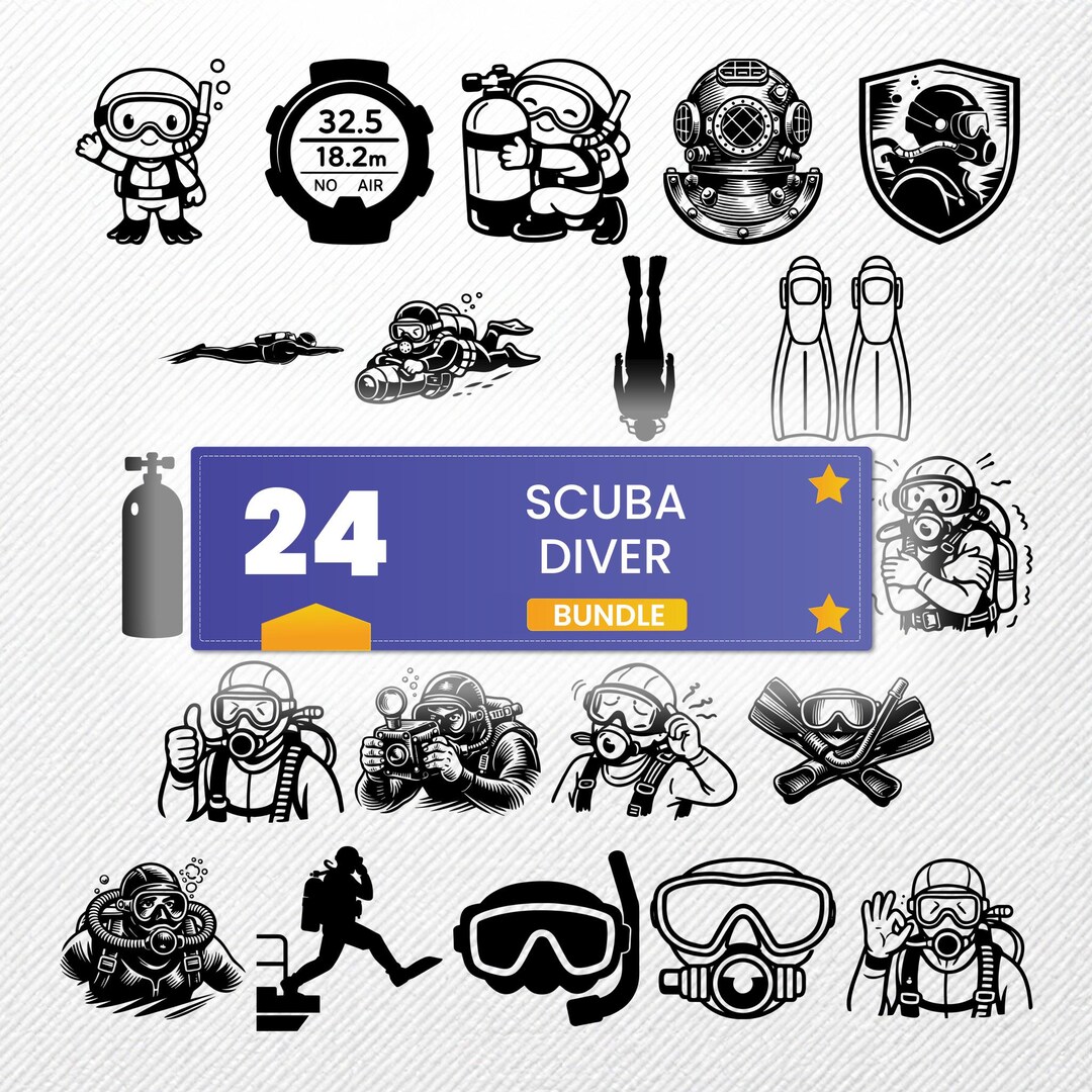 Scuba Diver SVG Bundle 24 Vector Clipart | PNG Eps Dxf PDF | Vintage ...