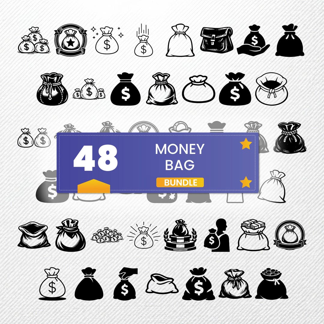 Money Bag SVG Bundle, 48 Cash Sack Silhouette Designs, Coin Pouch ...