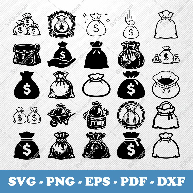 Money Bag SVG Bundle, 48 Cash Sack Silhouette Designs, Coin Pouch ...