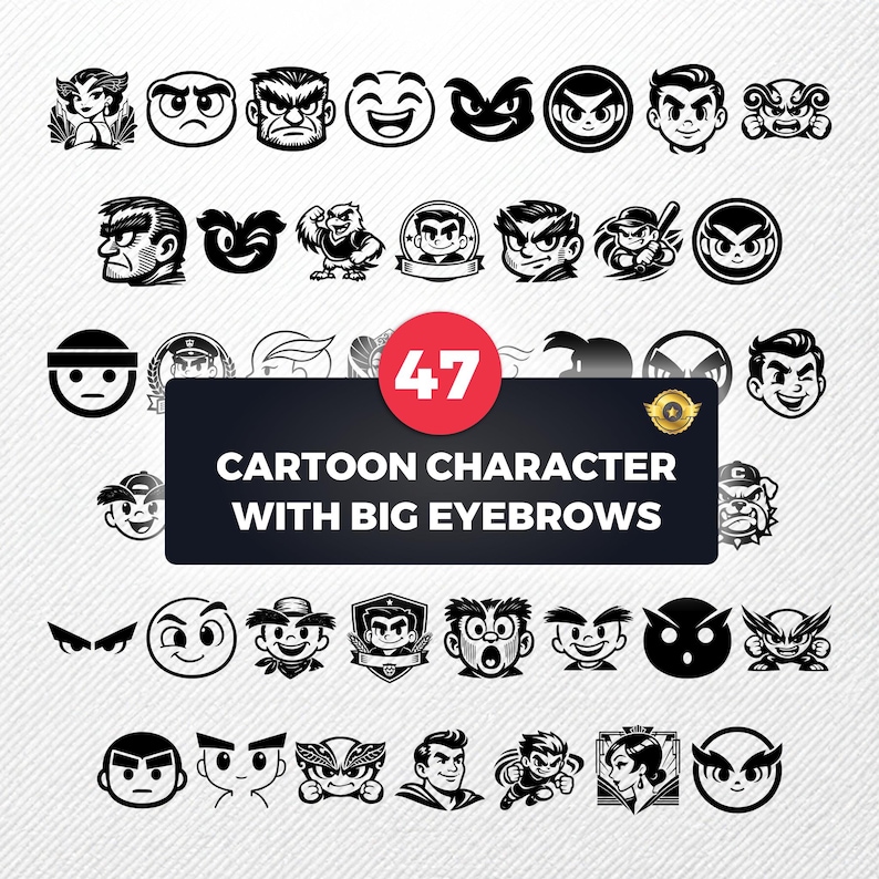 Cartoon Character With Big Eyebrows SVG Bundle | 47 Clipart Designs PNG ...