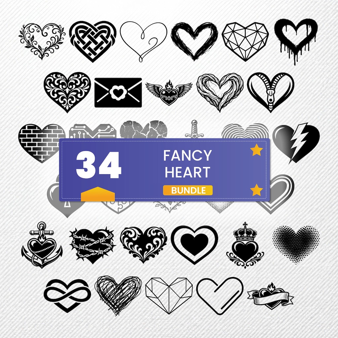 Fancy Heart SVG Clipart Bundle | 34 Silhouette Vector Illustrations ...