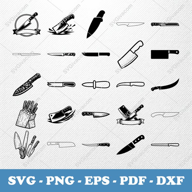 Kitchen Knife SVG Bundle, 48 Chef Blade Silhouette Designs, Meat ...