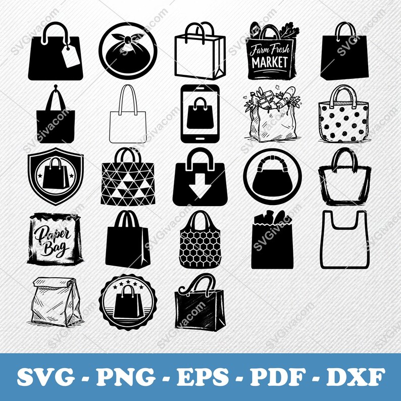 Shopping Bag SVG Bundle, 23 Tote Silhouette Designs, Grocery Bag Vector ...