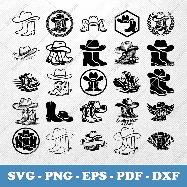 Cowboy Hat and Boots SVG Bundle | 33 Clipart Vector Drawings | PNG Eps ...