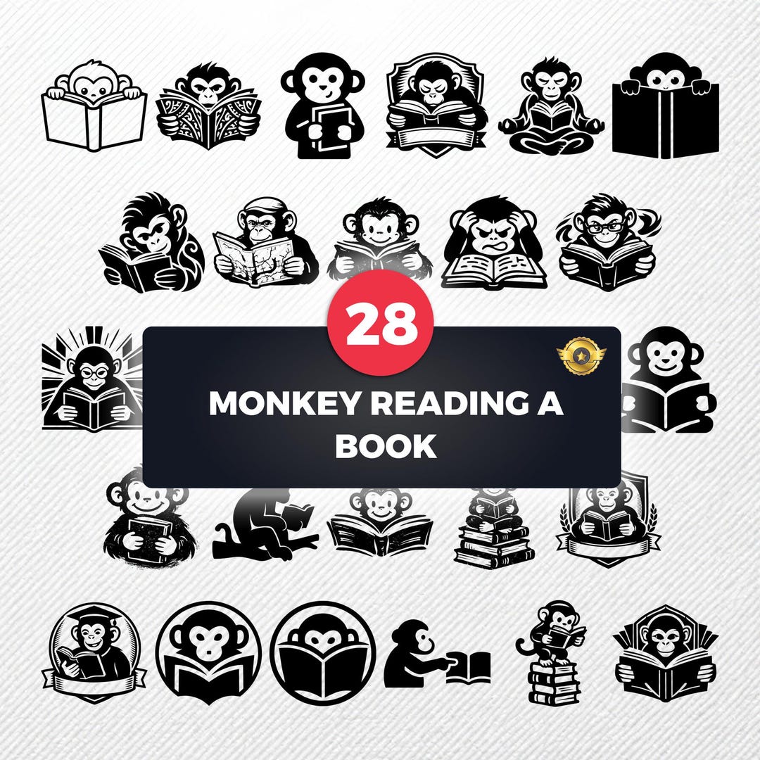 Monkey Reading A Book SVG Bundle | 28 Clipart Vector Drawings | PNG Dxf ...