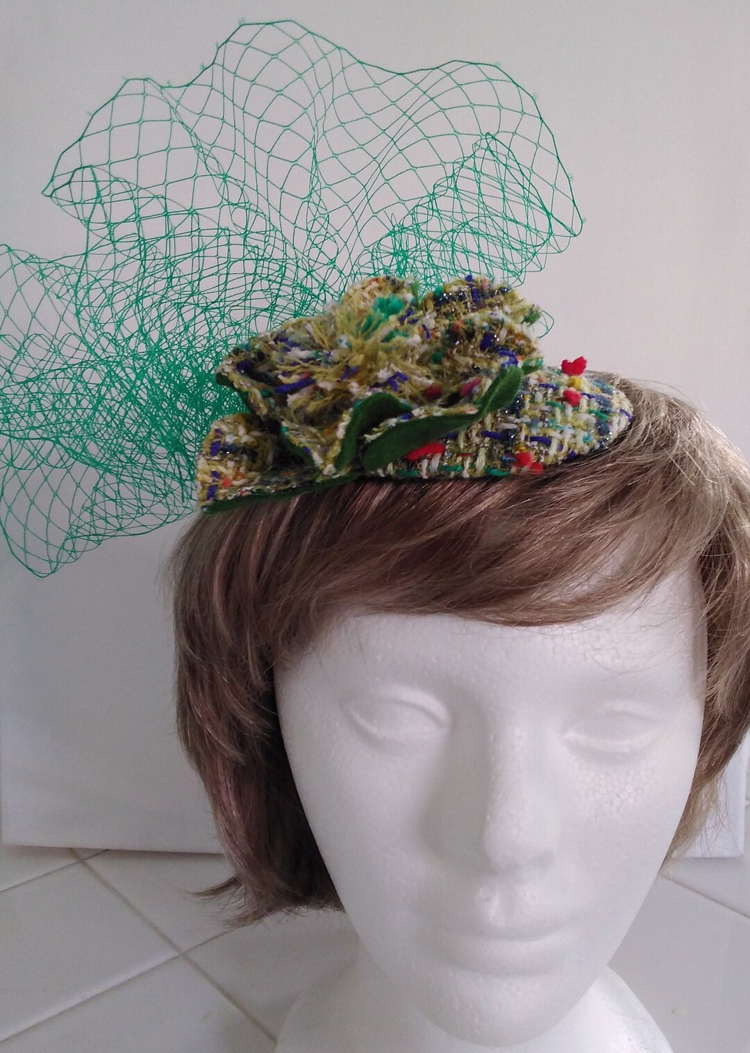 Linton Tweed Fascinator - Green and Multi-color Tweed Fabric With Tweed ...