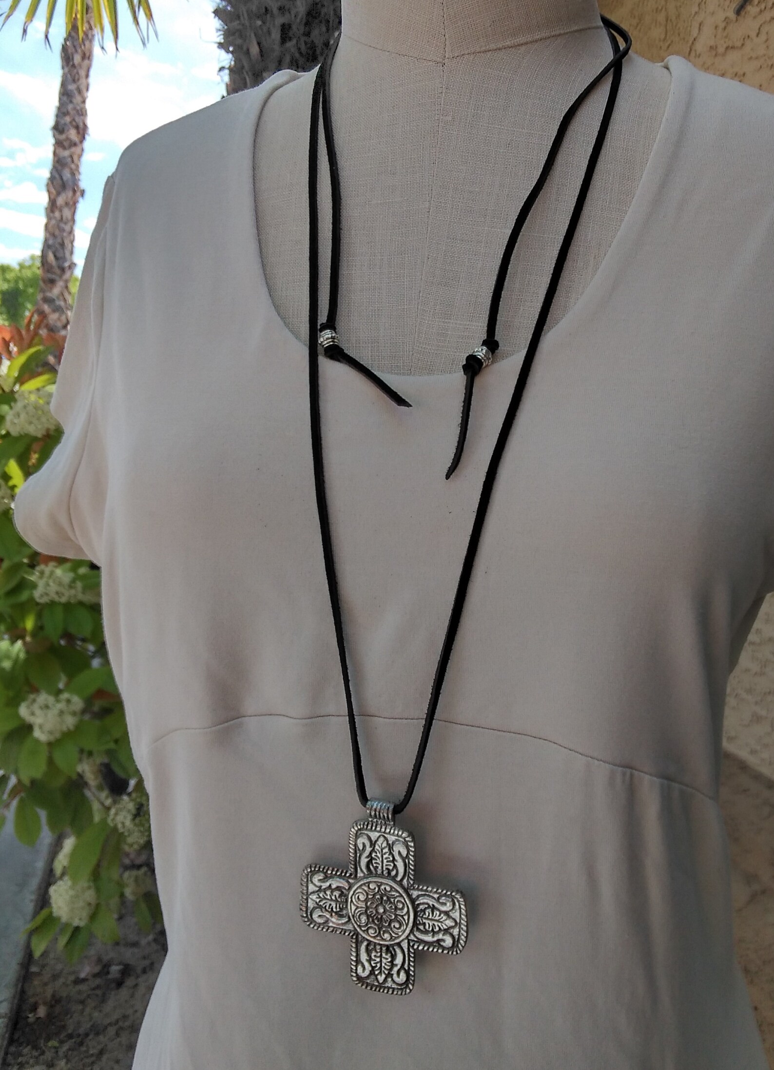 Swiss Cross Pendant on Suede Choker Necklace With Pewter Bead Accents ...