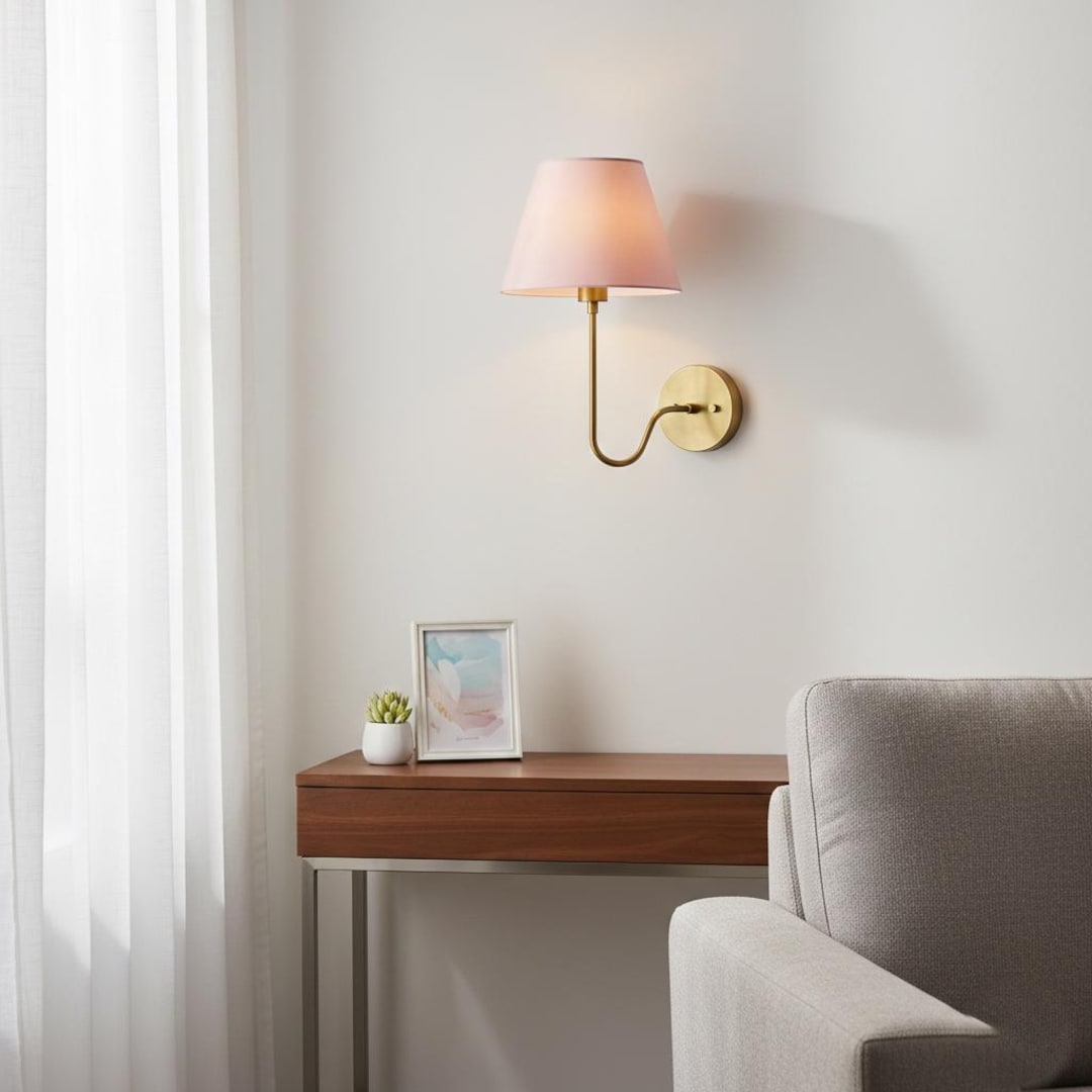 Mid-century Brass Wall Sconce | Baby Pink Fabric Shade - Etsy