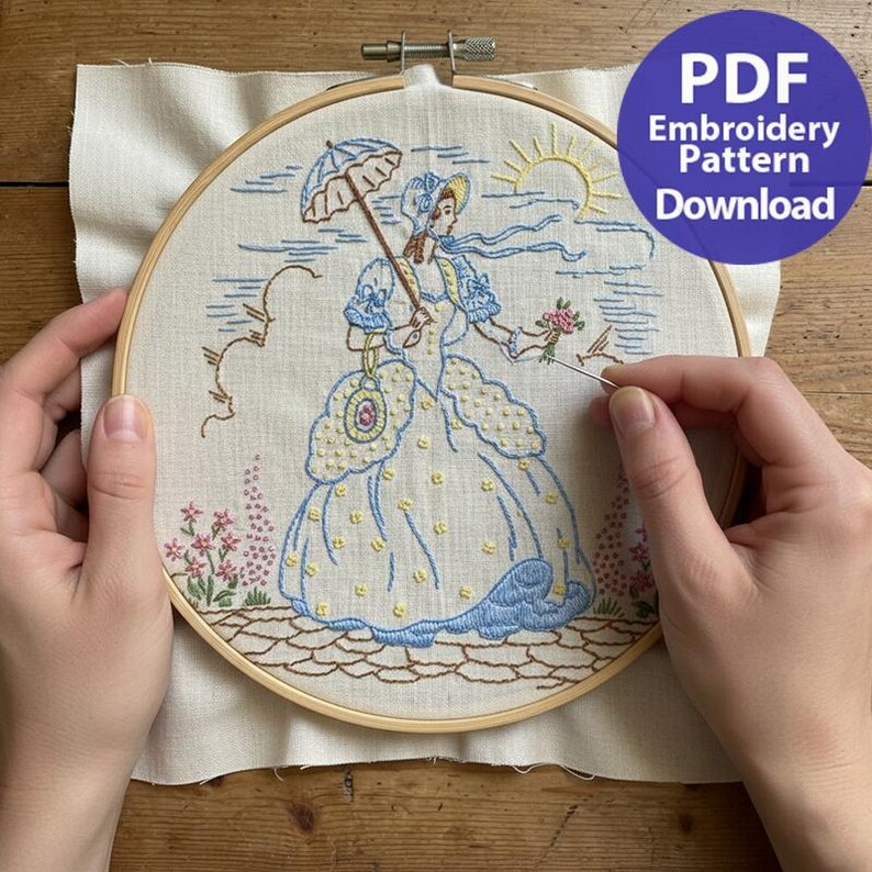 Vintage Southern Belle Crinoline Lady Embroidery Pattern PDF - Hand ...